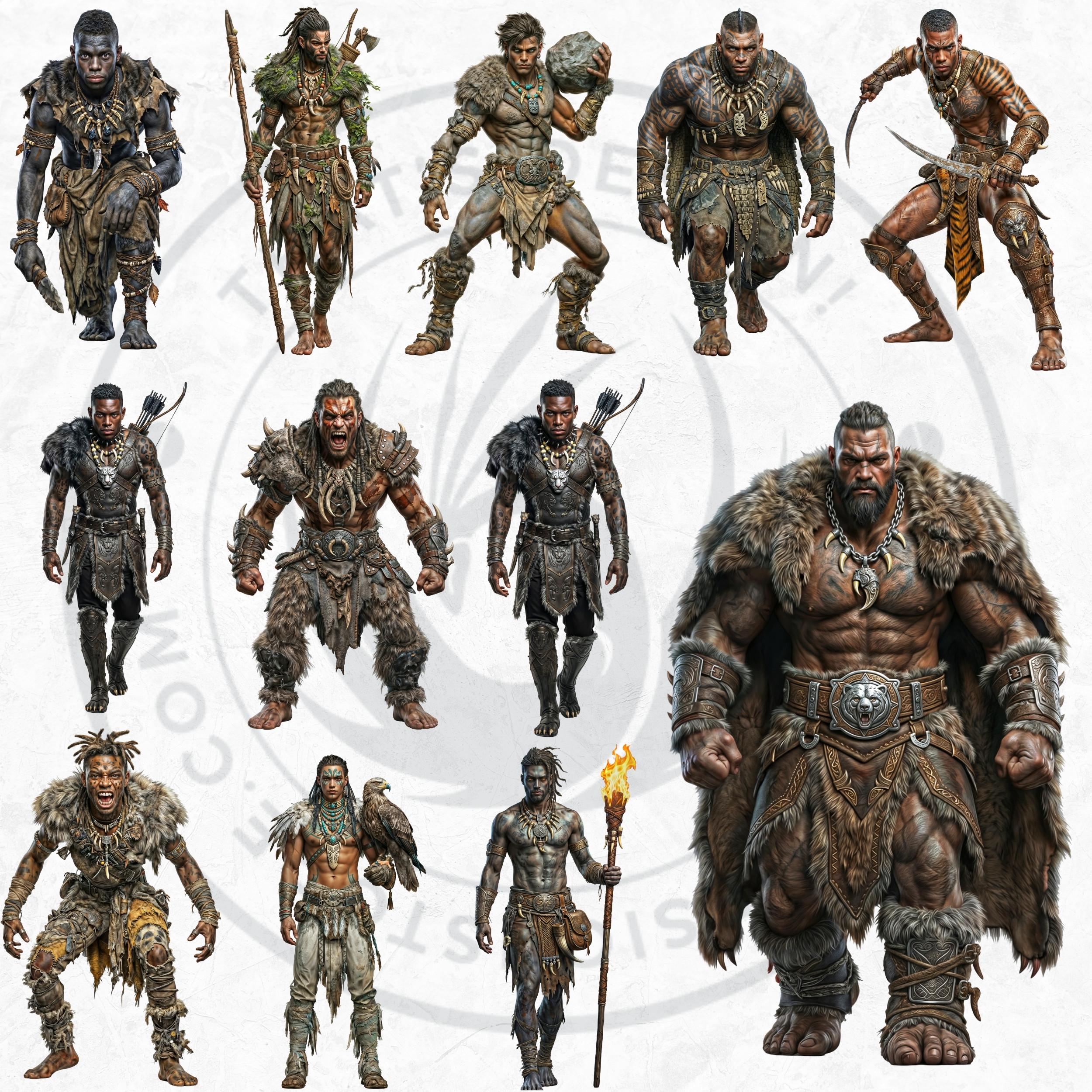 Primal Fantasy Characters Clipart Bundle: Tribal Warrior PNG, RPG ...