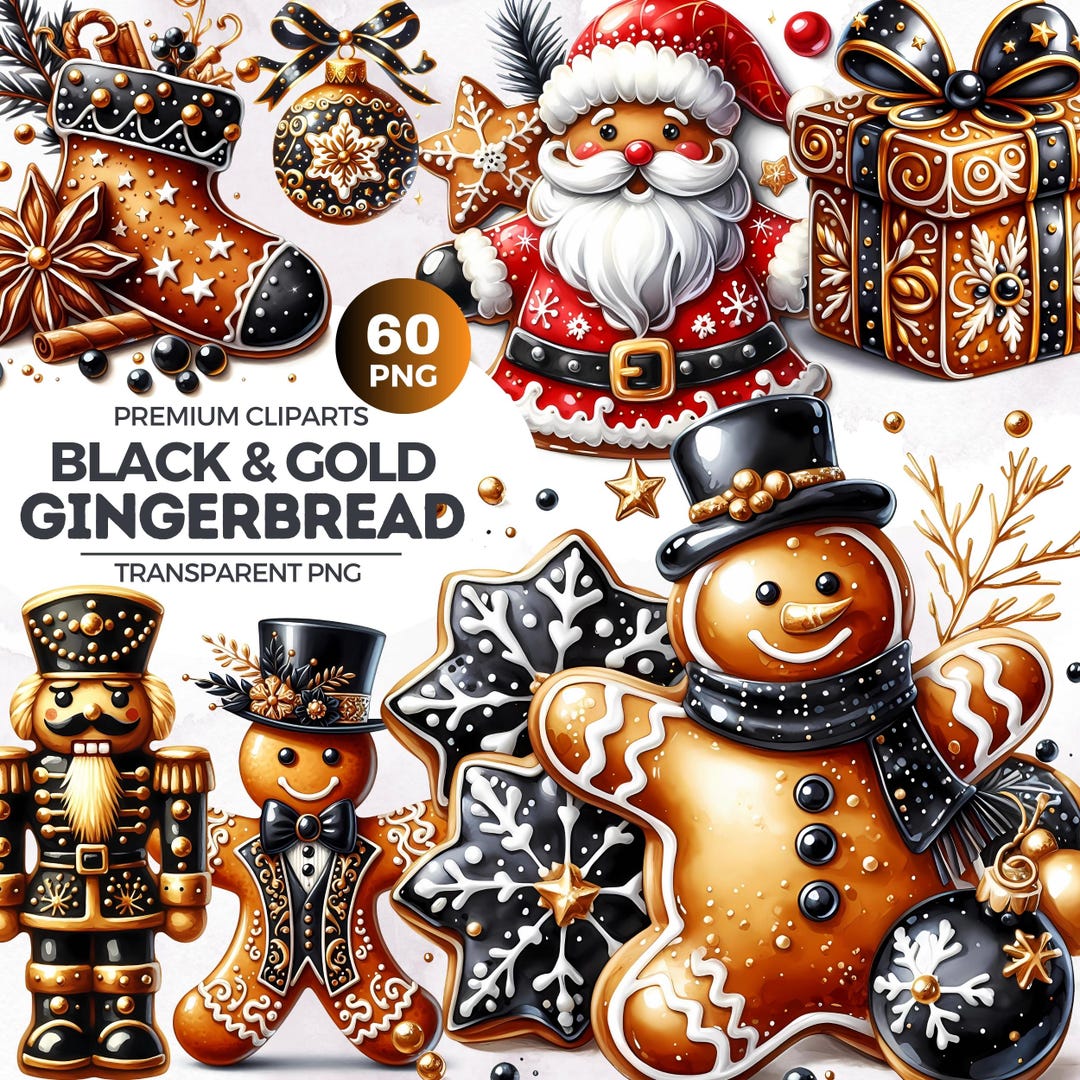 60 Elegant Gingerbread Clipart Set, Merry Christmas, Black and Gold ...