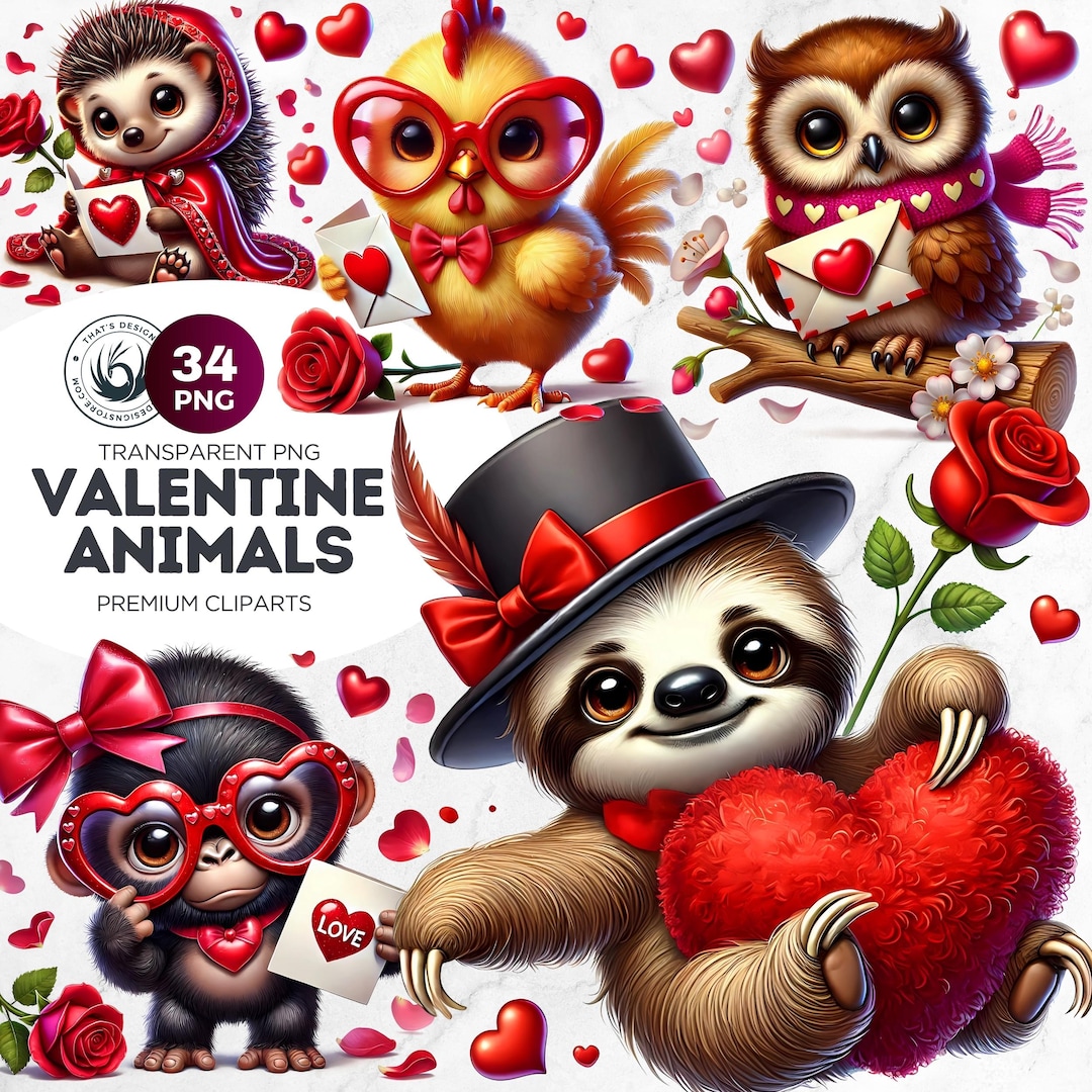 Valentine Animal Clipart Set: Romantic Baby Animals PNG (digital ...