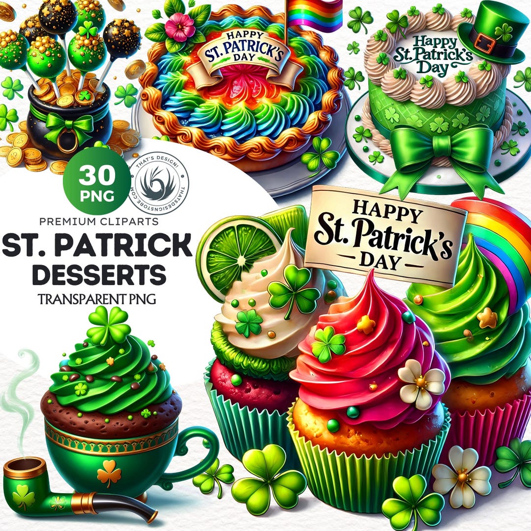 St Patrick's Day Dessert Clipart: Shamrock Cakes & Cupcakes (PNG) - Etsy