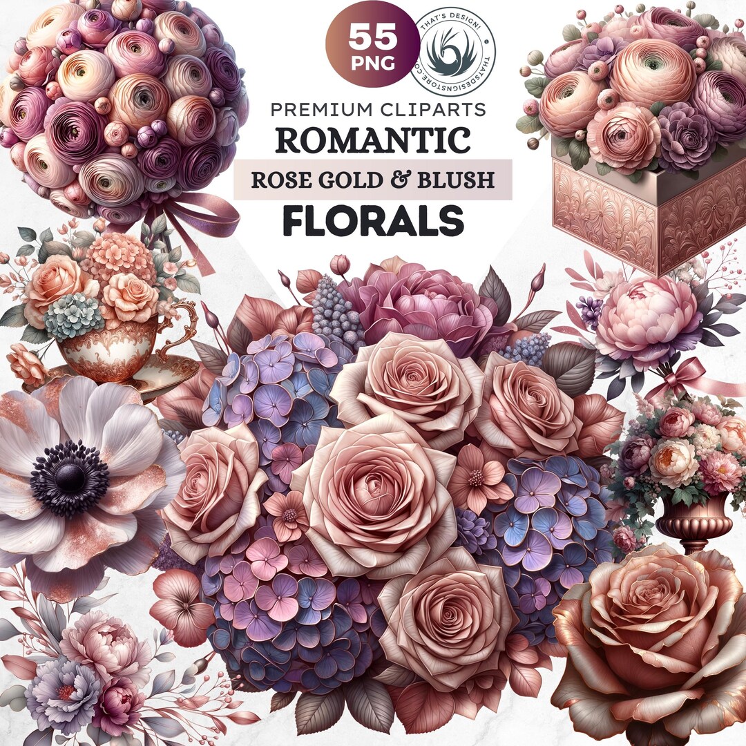 Rose Gold Floral Clipart Set: Wedding Invitation Graphics (PNG ...