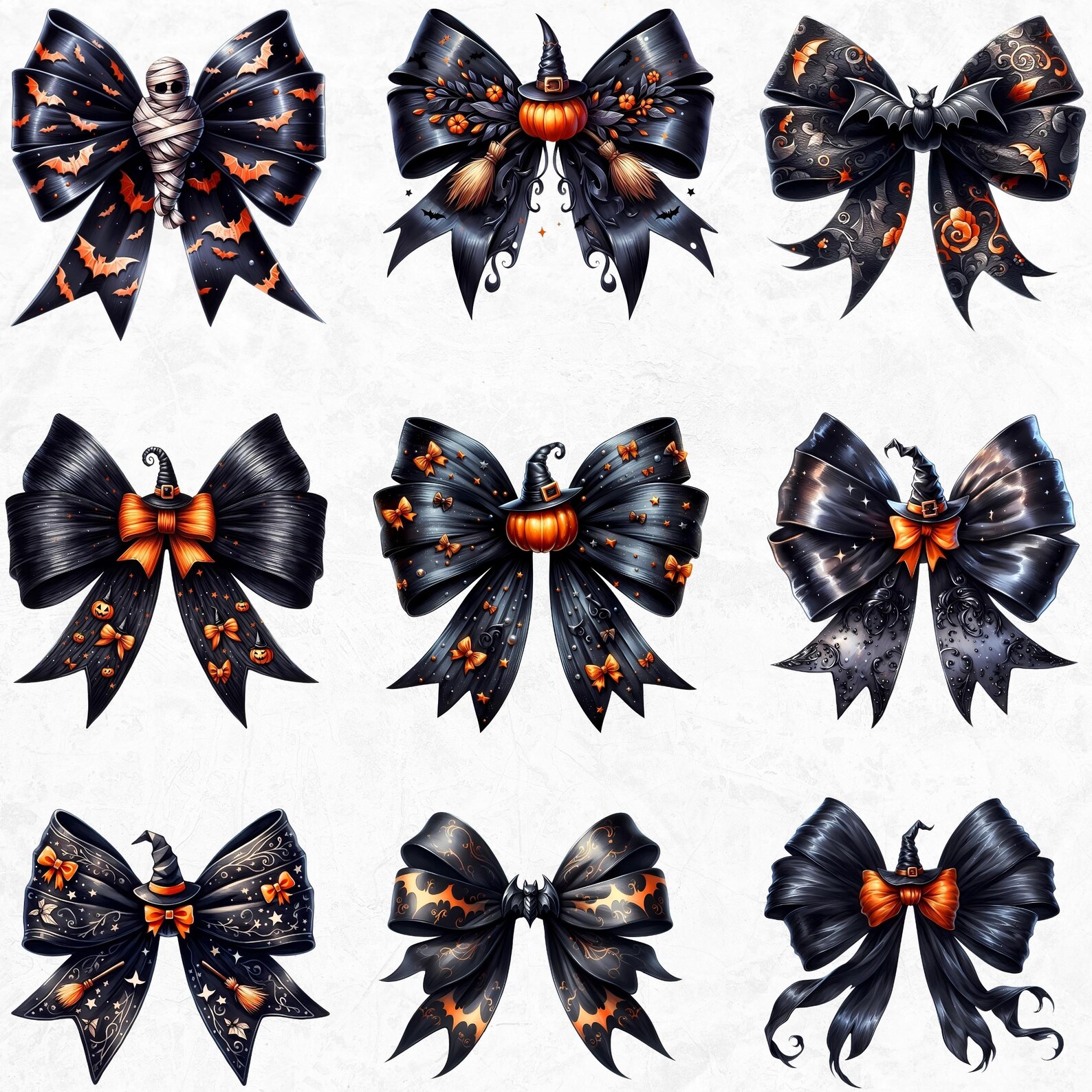 Gothic Halloween Bow Clipart Set: Spooky Characters (PNG Digital ...