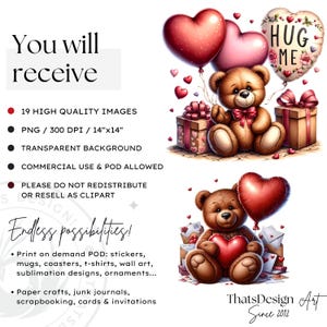 Watercolor Valentines Teddy Bear Clipart: PNG Bundle (digital Download ...