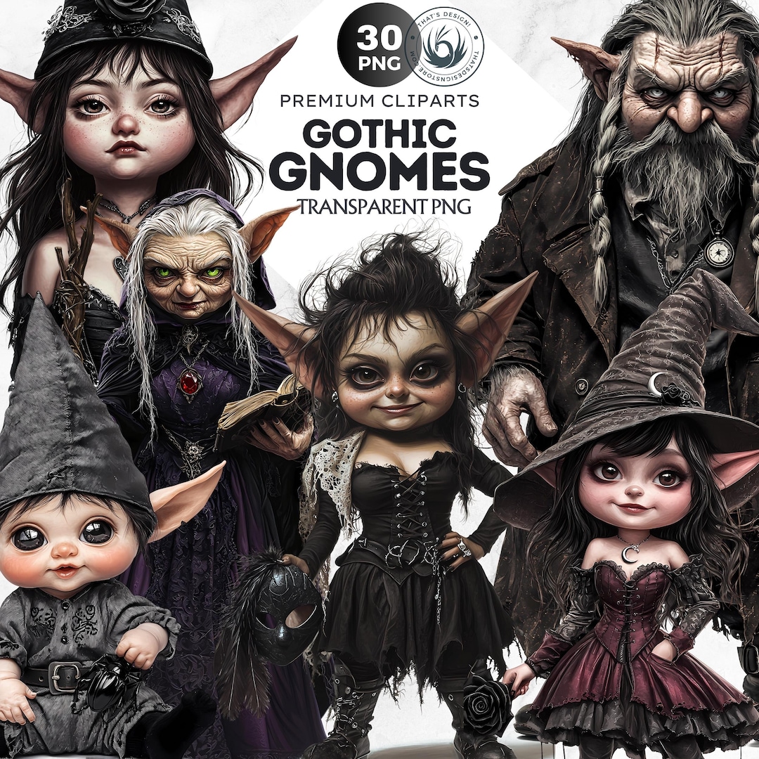 Gothic Gnome Clipart Set, Goth Gnome Clipart, Gothic Witch PNG, Dark ...