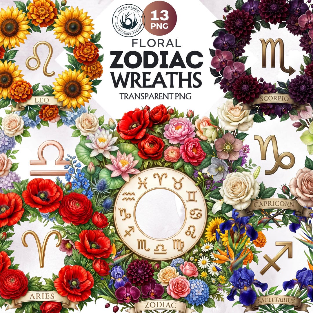 Floral Zodiac Wreath Clipart Bundle: Astrology Flower Graphic ...