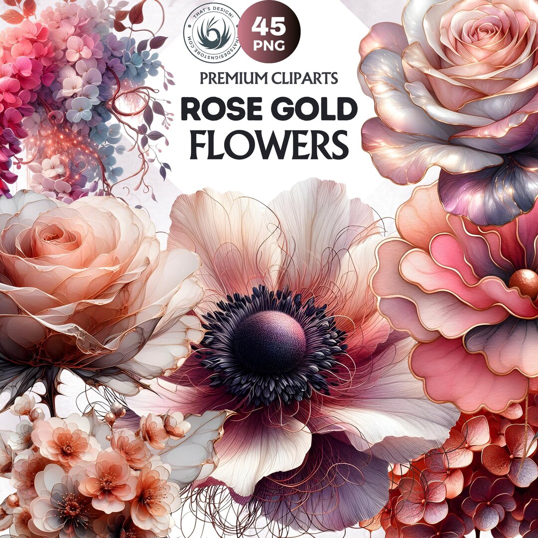 Rose Gold Floral Clipart Set: Glam Wedding Graphics (PNG, Commercial ...