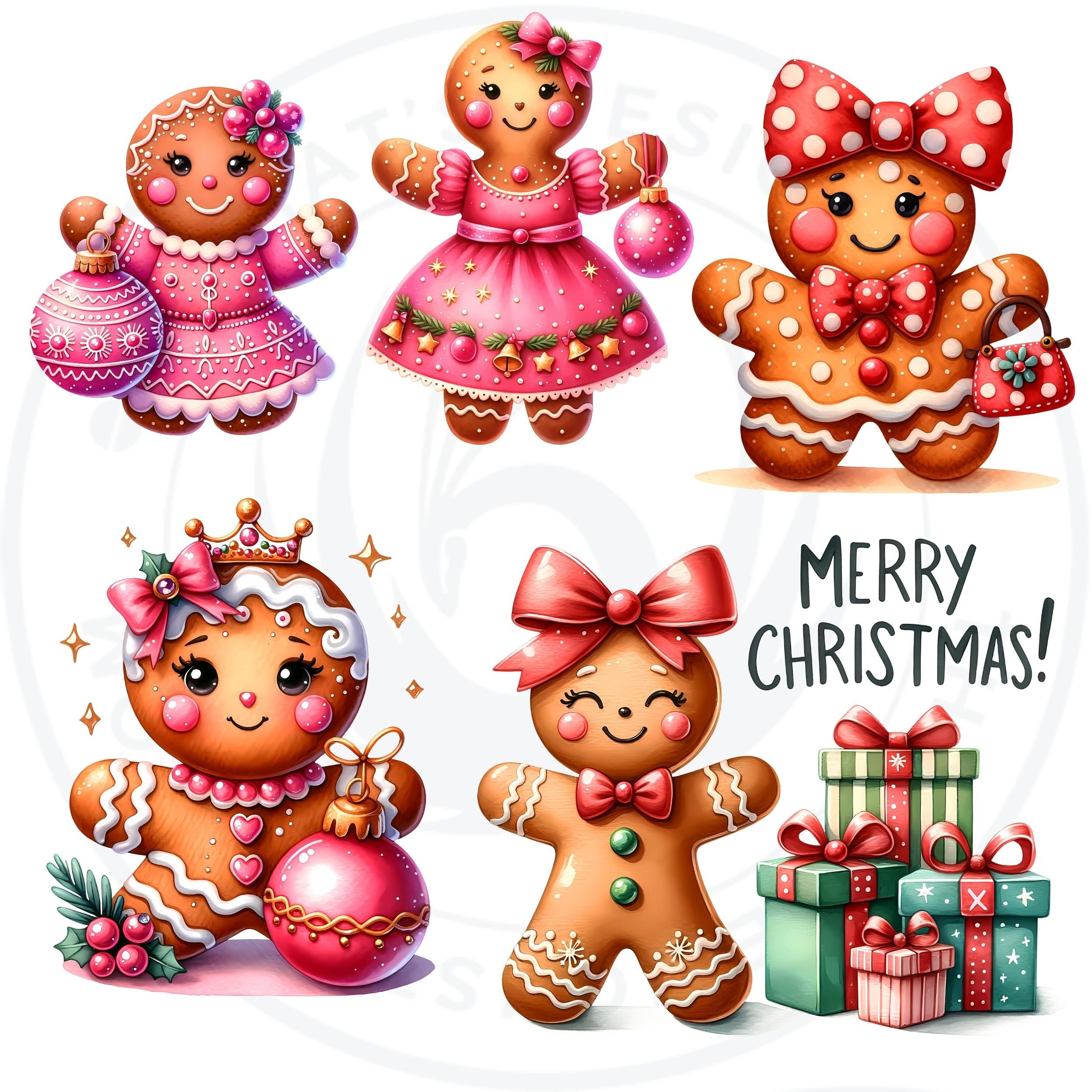 Watercolor Gingerbread Girl Christmas Clipart: Pink PNG Bundle (digital ...
