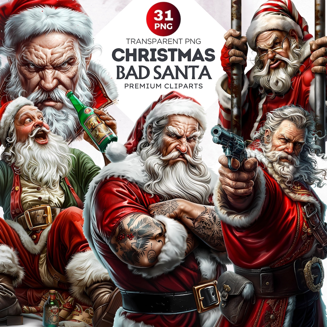 31 Bad Santa Clipart Set, Santa Claus Clipart, Christmas PNG, Christmas ...