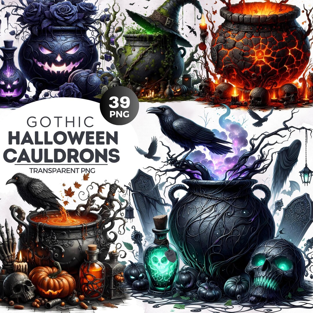 Gothic Halloween Witch Cauldron Clipart Set: Raven, Pumpkin (PNG ...