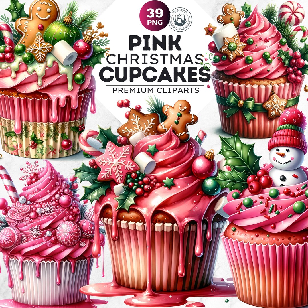 Watercolor Christmas Cupcakes Clipart: Pink Holiday Sweets (PNG Digital ...