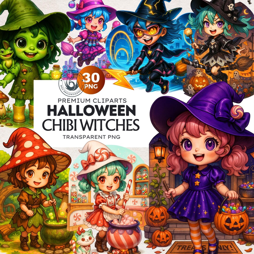 Cute Halloween Clipart PNG Chibi Witches Pumpkin for Sublimation Crafts ...