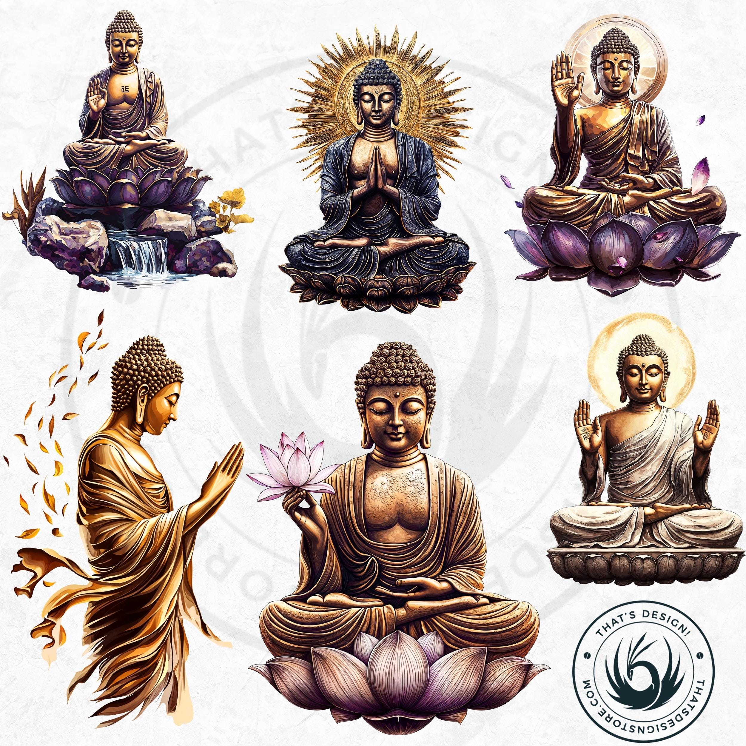 Golden Buddha Clipart Set: Meditative Poses, Zen Garden PNG, Scrapbook ...