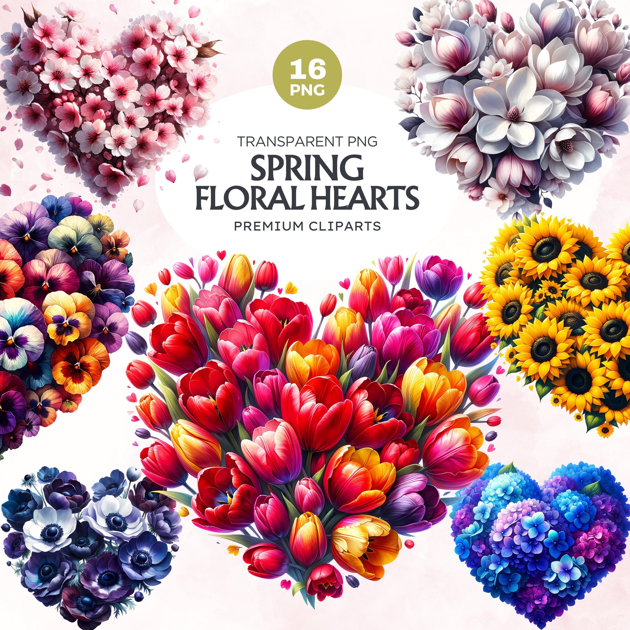Watercolor Spring Flower Clipart: Heart Wreaths PNG (digital Download ...