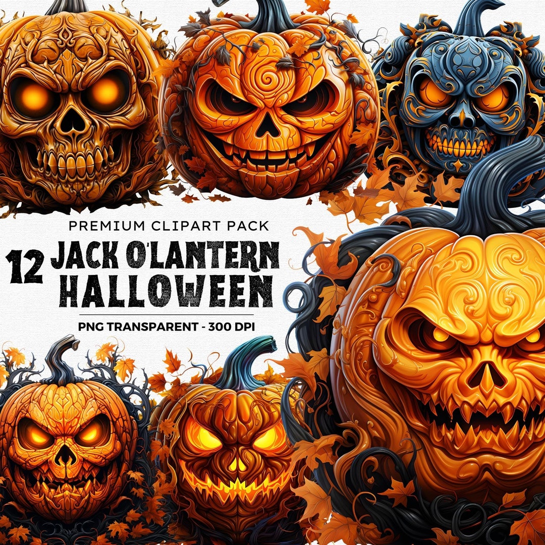 Creepy Halloween Pumpkin Clipart: Tribal Jack O' Lantern PNG Bundle ...