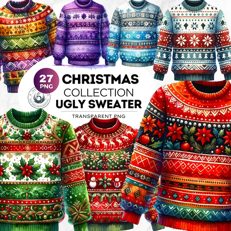 Watercolor Christmas Ugly Sweater Clipart: PNG Jumper Designs ...