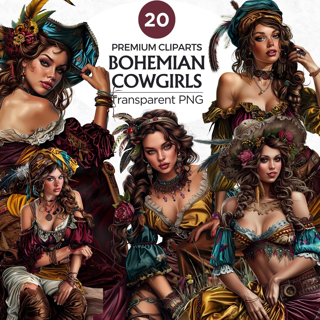 Western Bohemian Cowgirl Clipart Set, Fashion Cowgirl Portrait, Cowgirl ...