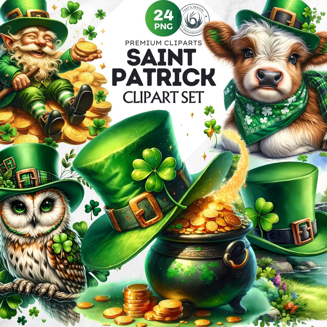 St Patrick's Day Clipart Set: Leprechaun & Shamrock PNG (digital ...
