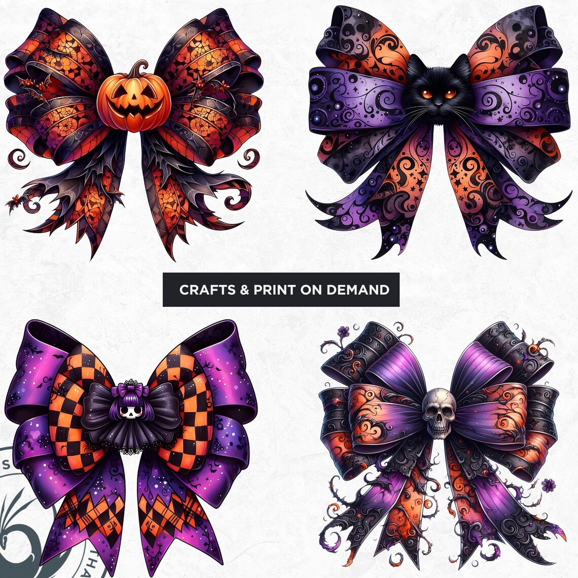 Gothic Halloween Bow Clipart Set: Spooky Characters (PNG Digital ...