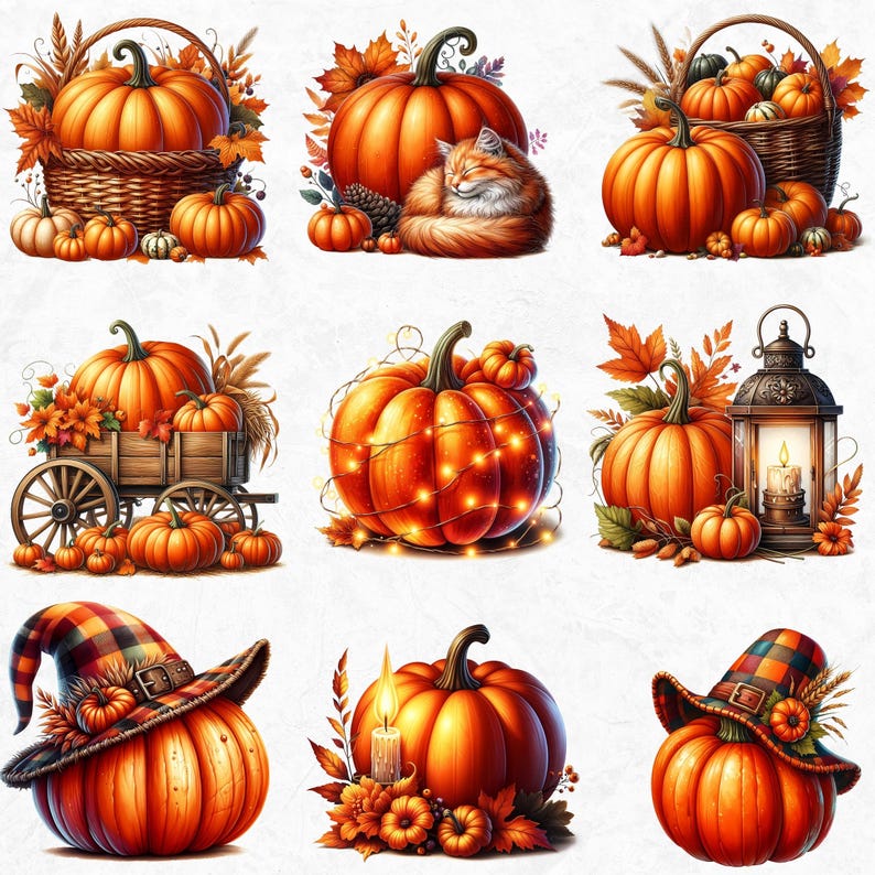 Autumn Pumpkin Clipart Set: Harvest Season PNG, Thanksgiving Graphics ...