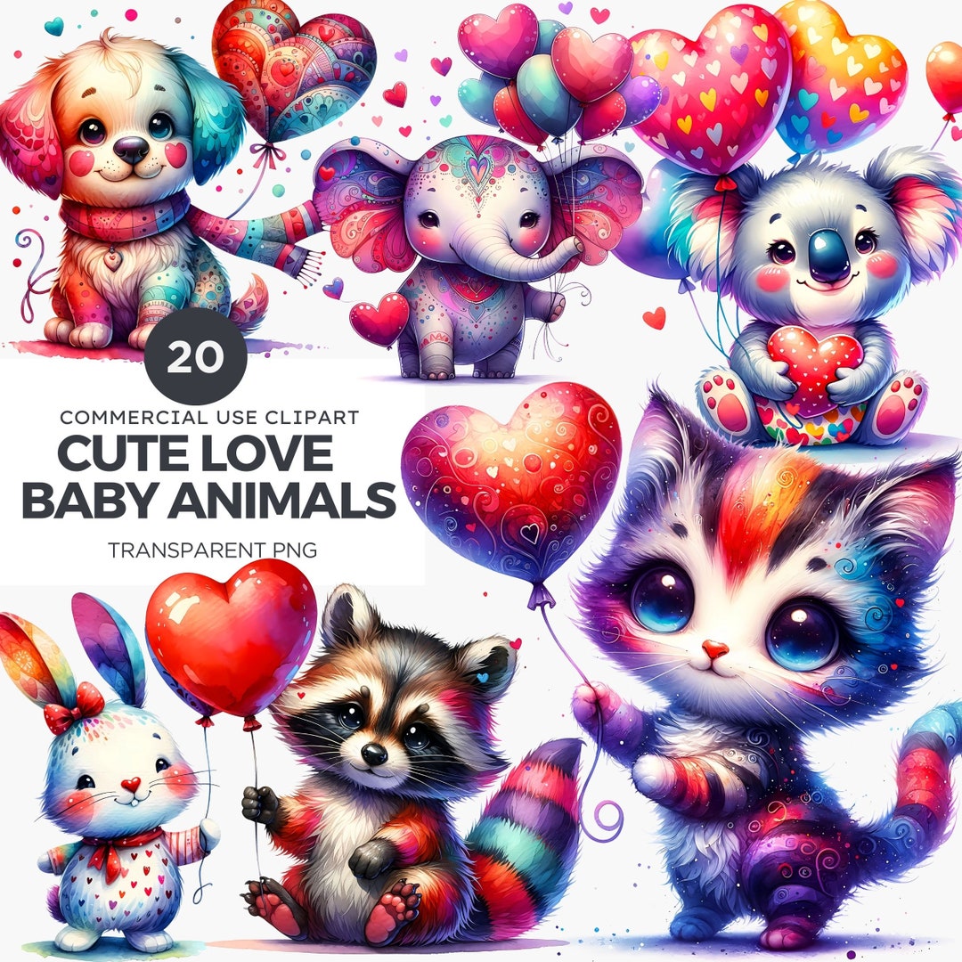 Baby Animals With Heart Balloons Clipart, Valentine PNG, Cute Love Pets ...