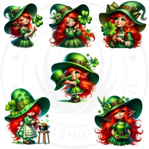 St Patricks Day Gnome Girls Clipart PNG Set, Watercolor Leprechaun Girl ...