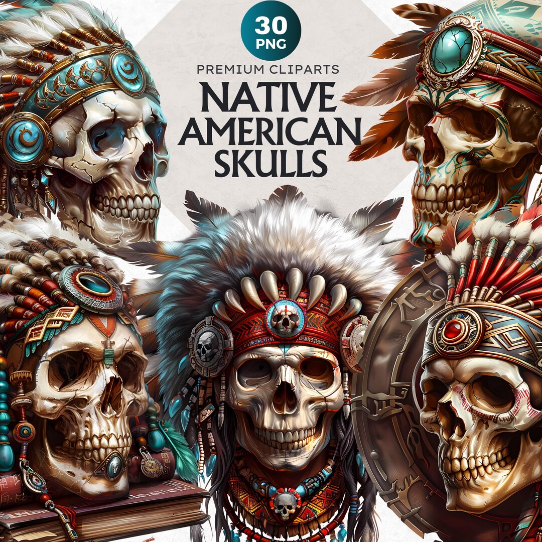 30 Native American Skulls Clipart Set, Transparent PNG for Cultural ...
