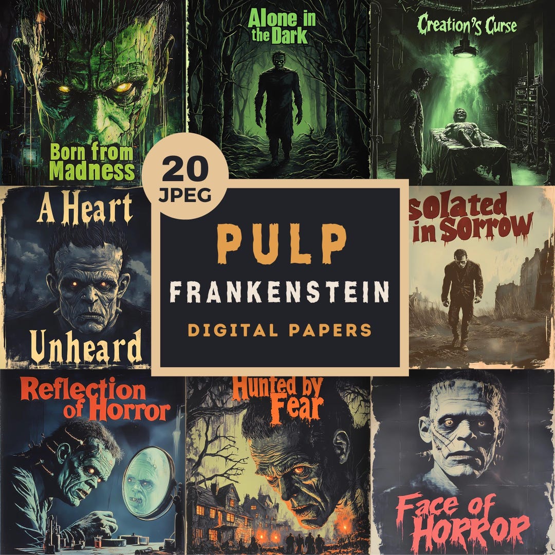 Pulp Frankenstein Digital Paper JPEG Set, Monster Illustrations ...