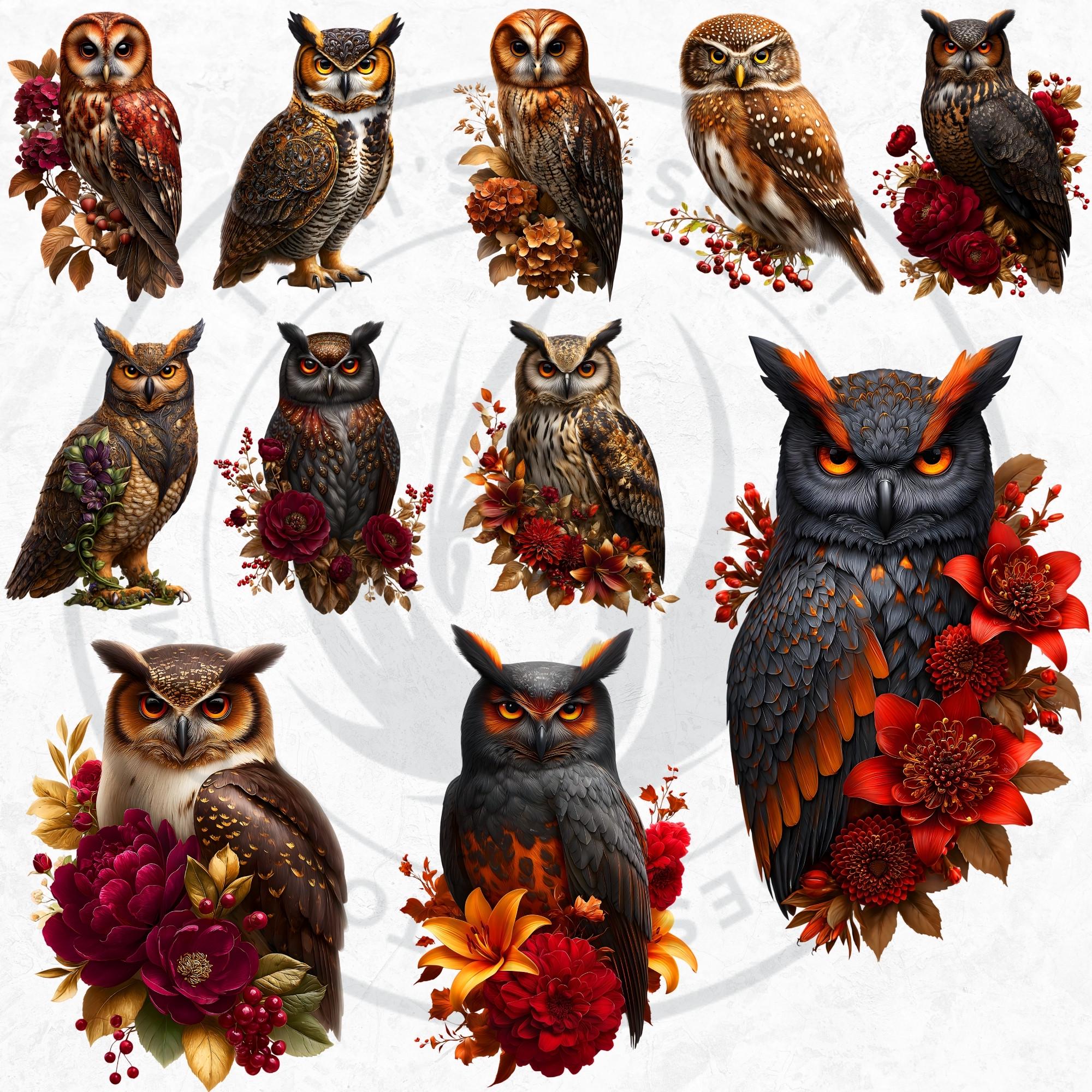 Floral Owls Clipart PNG, Fantasy Birds Graphics, Botanical Wildlife ...