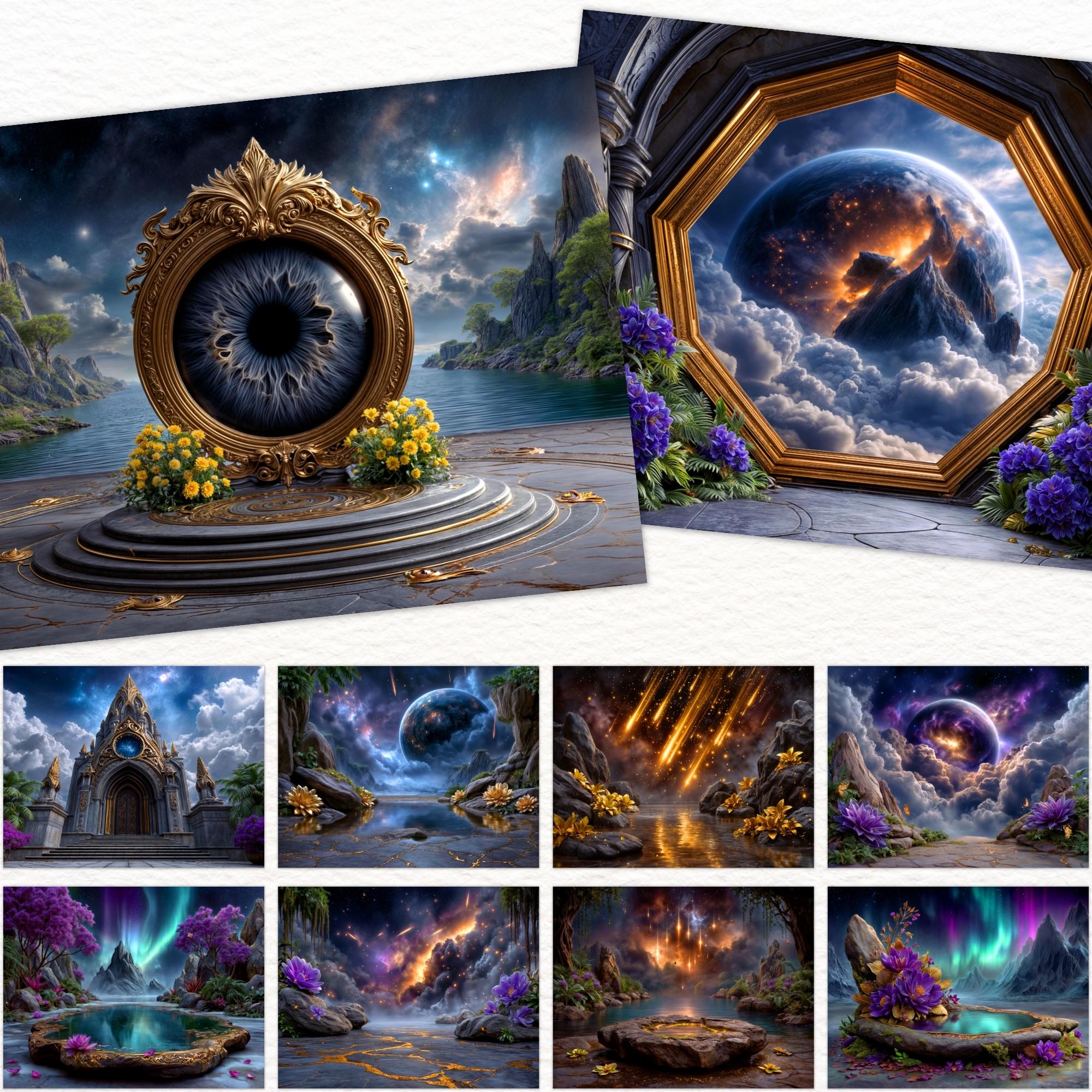 Celestial Garden Fantasy Backdrops Digital Paper, Surreal Space Junk ...