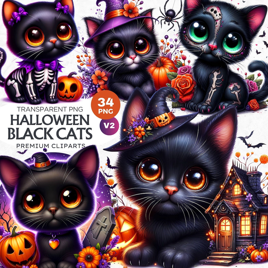 34 Halloween Black Cat Clipart, Halloween Clipart, Watercolor Black ...
