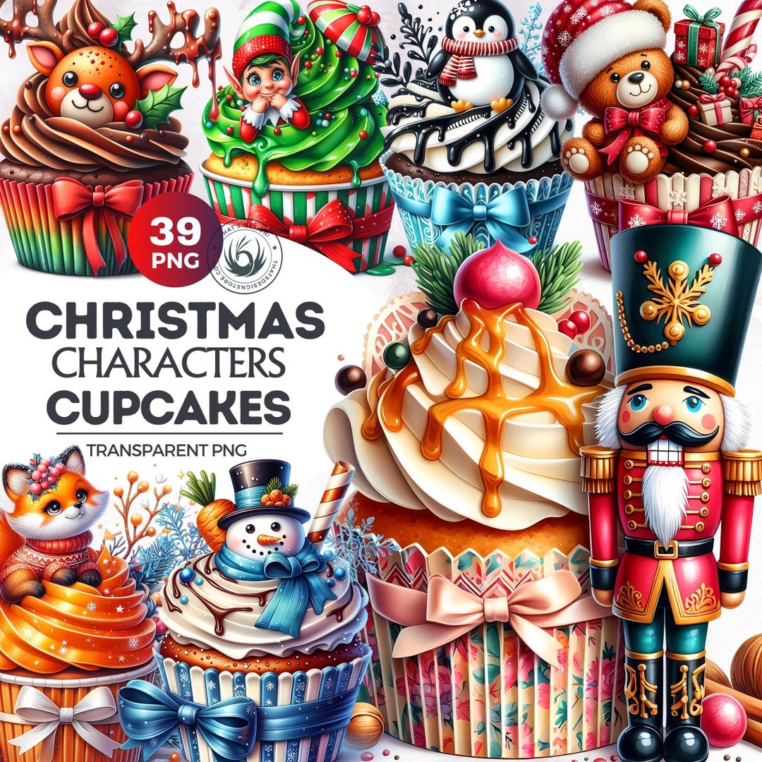 Watercolor Christmas Cupcakes Clipart: Holiday Character Desserts (PNG ...