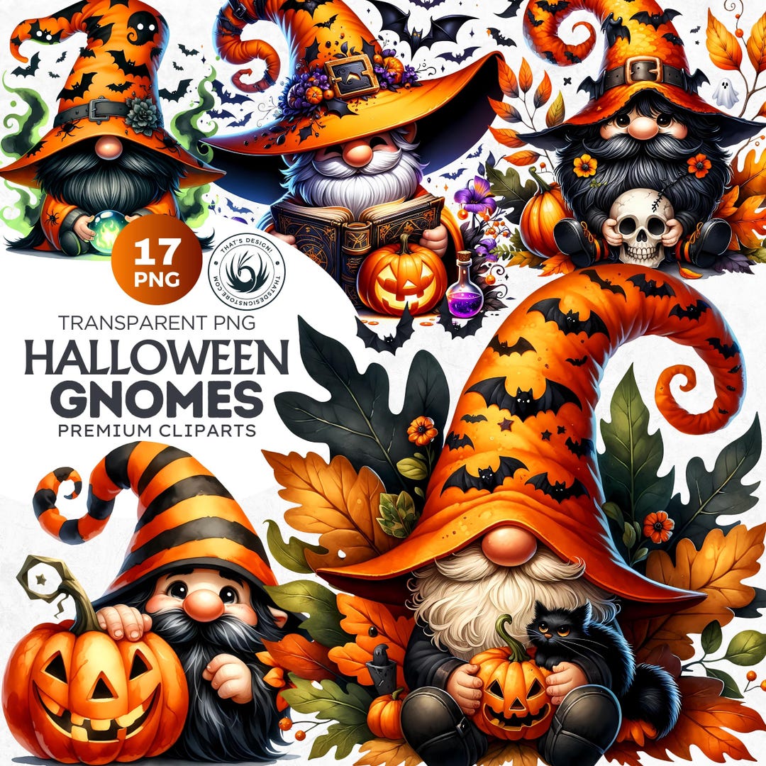 Halloween Gnomes Clipart Set: Witch Hats, Pumpkins (PNG Digital Print ...