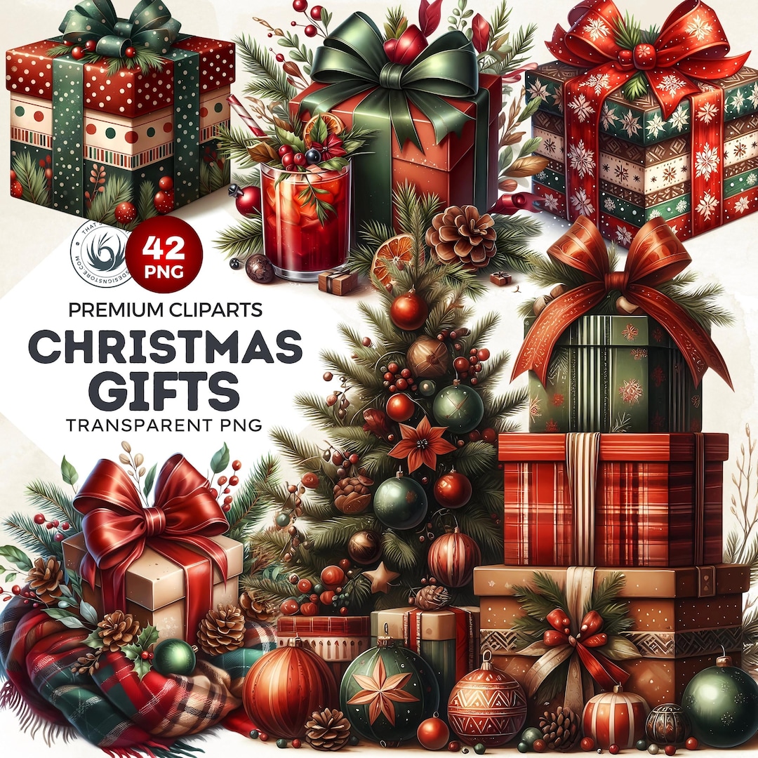 42 Christmas Gift Boxes Clipart Set – Traditional Christmas Wrapped ...