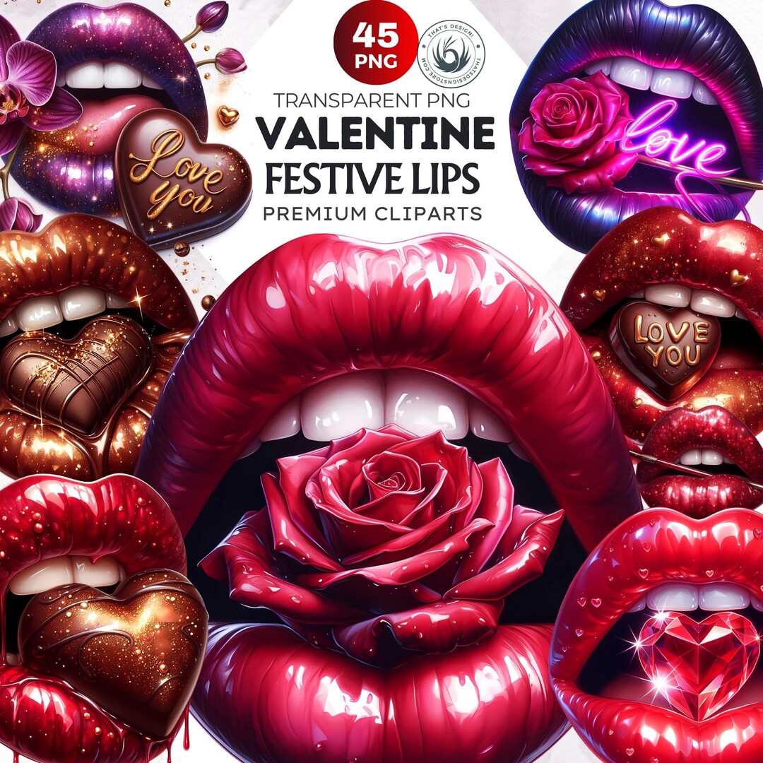 45 Valentine Lips Clipart Set - Romantic Lips, Roses, Chocolates & Neon ...