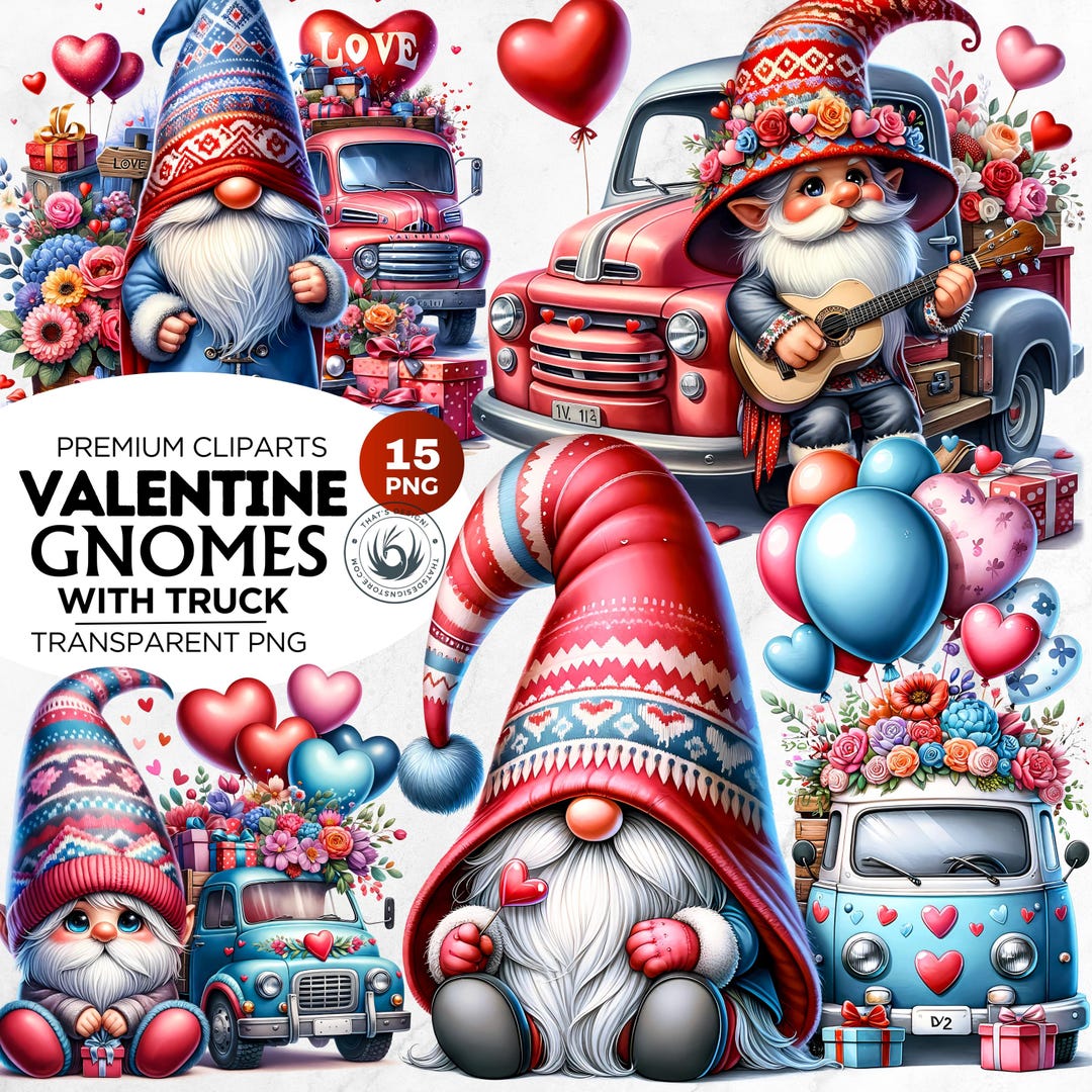 Watercolor Valentine Gnome Clipart: Truck PNG Set (digital Download) - Etsy