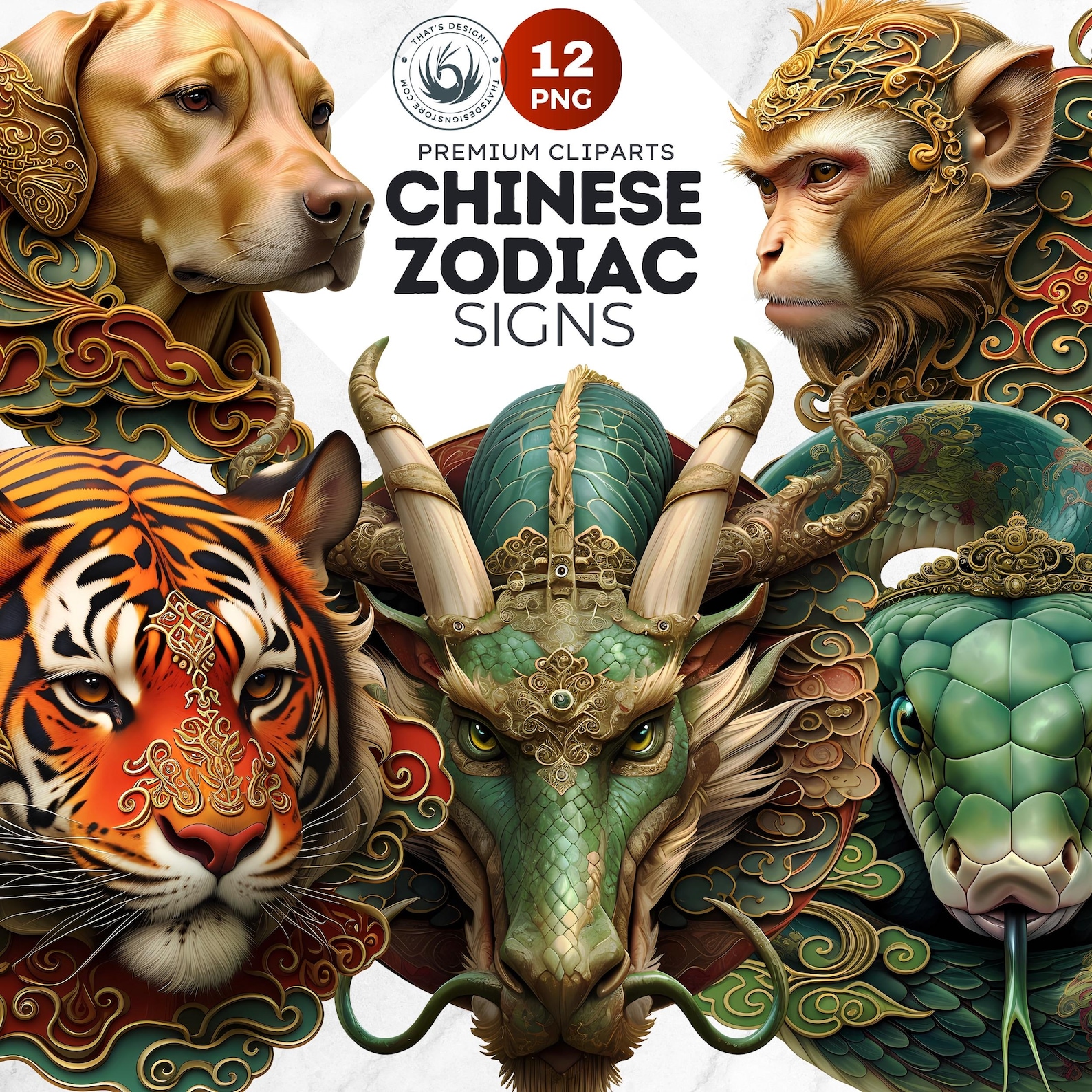 Chinese Zodiac Animal Cliparts: Lunar New Year Designs (PNG, Digital ...