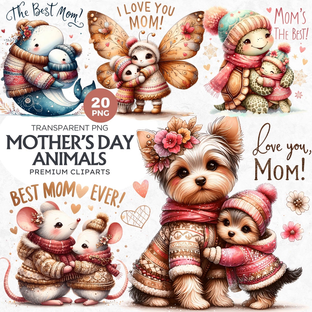 Mother's Day Clipart, Watercolor Mother and Baby Animals Clipart ...