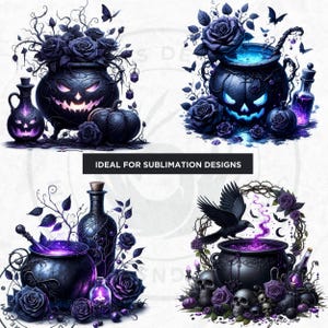 Gothic Halloween Witch Cauldron Clipart Set: Raven, Pumpkin (PNG ...
