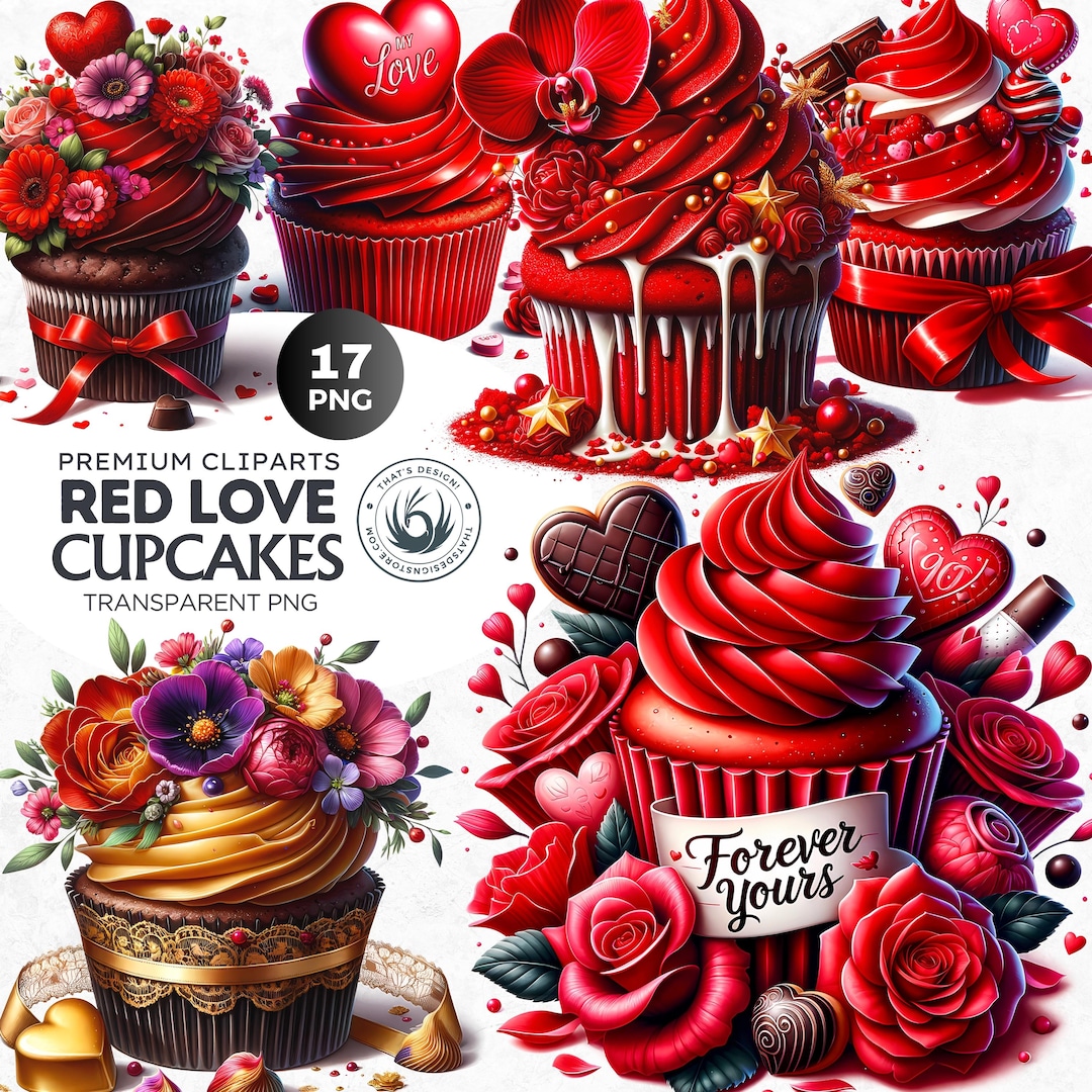 Red Valentines Cupcake Clipart Bundle, Valentine Day Cupcake PNG ...