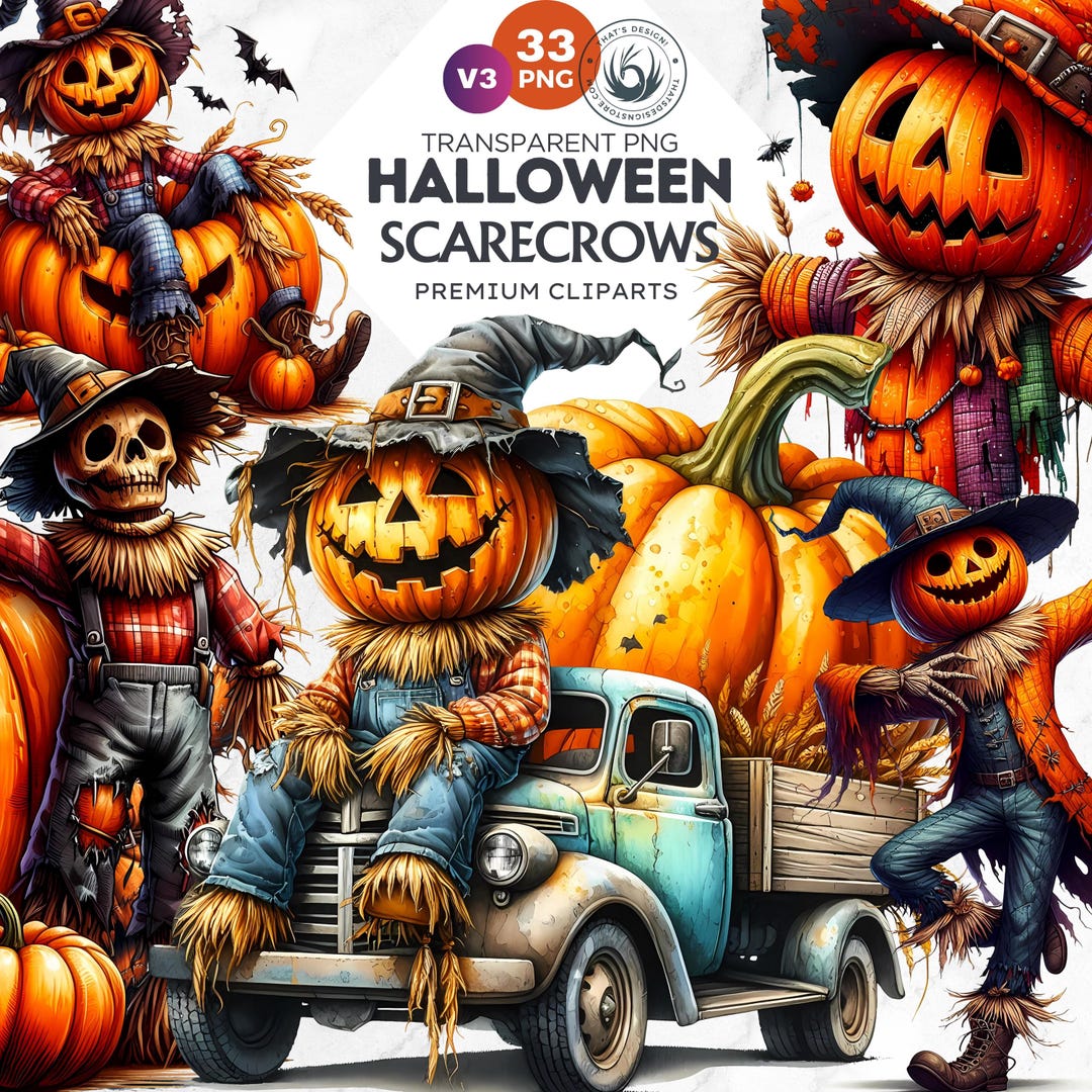 33 Scarecrows Clipart Set, Pumpkin Png, Halloween Clipart, Halloween ...