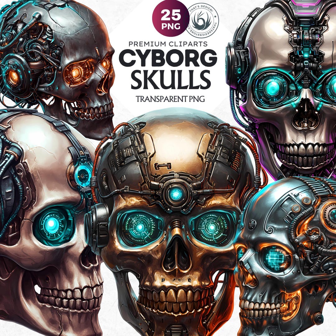 Cyborg Skulls Clipart Set, Cyber Skull, Robot Skull, Mechanical, Tech Skull, Skull PNG, Head ...