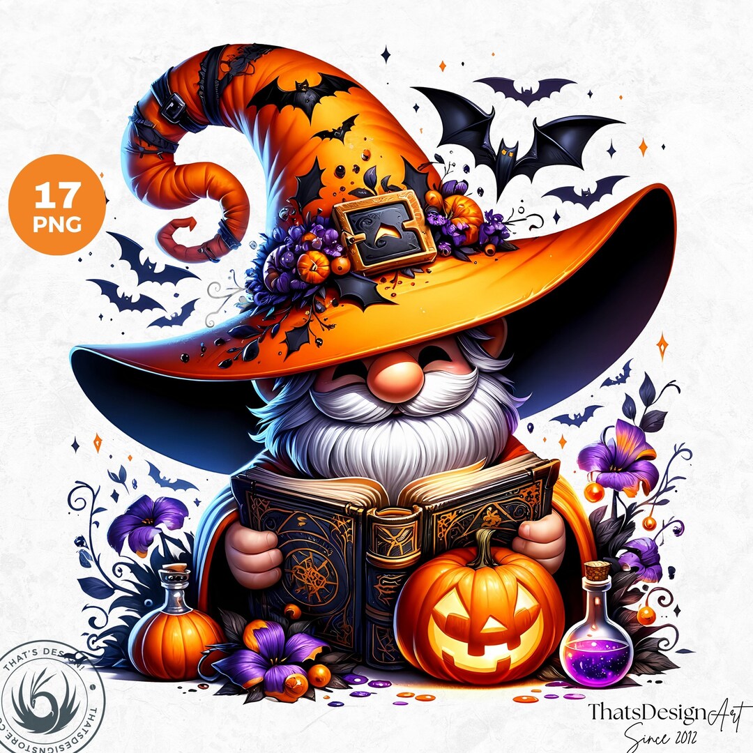 17 Halloween Gnomes Clipart Set, Witch Hat, Pumpkins, Skulls, Magical ...