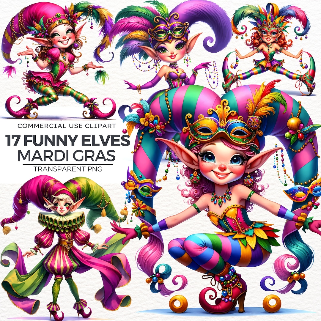 Watercolor Mardi Gras Elves Clipart, Festive Elf PNG, Carnival Clipart ...