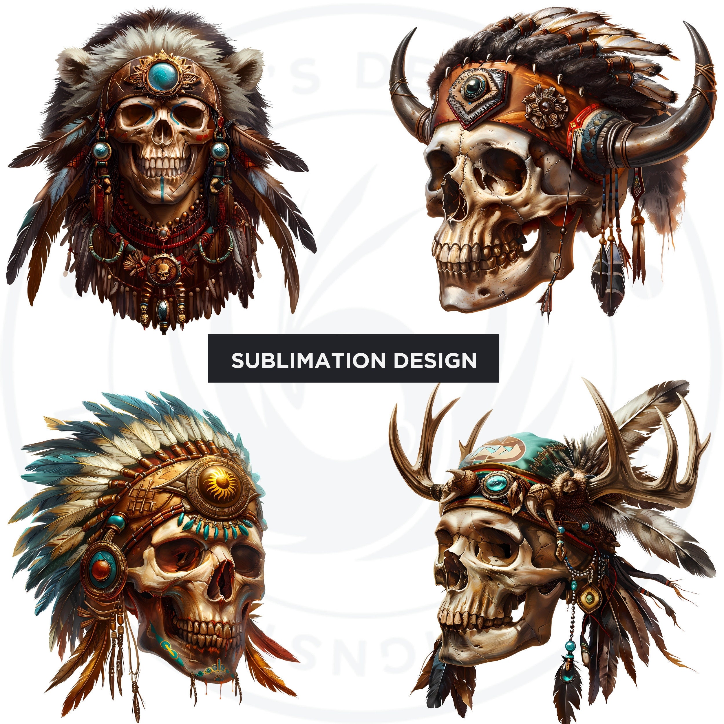 30 Native American Skulls Clipart Set, Head Skull PNG for Cultural ...