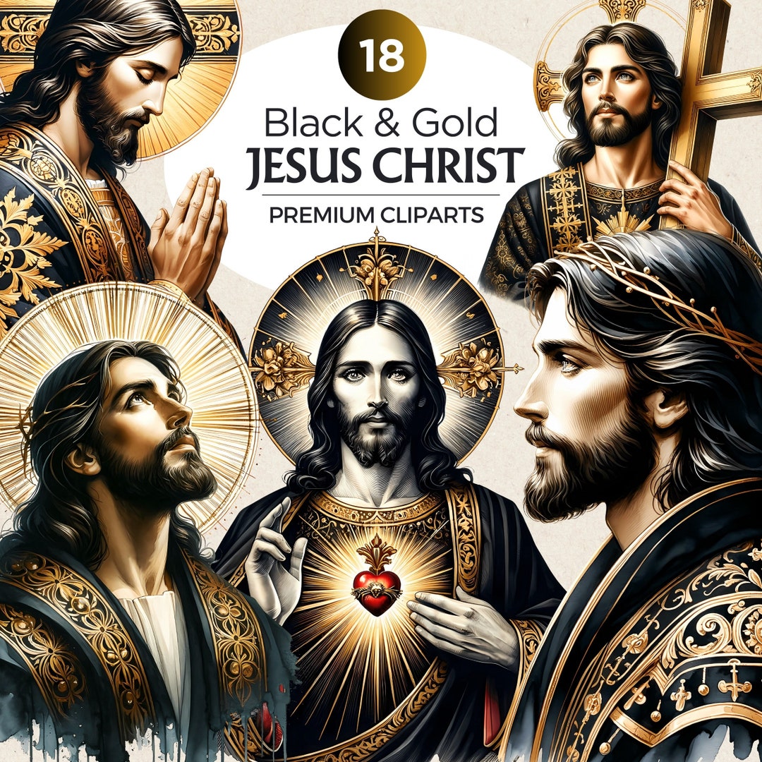 Black & Gold Jesus Christ Clipart: Sacred Heart PNG Graphics (digital ...