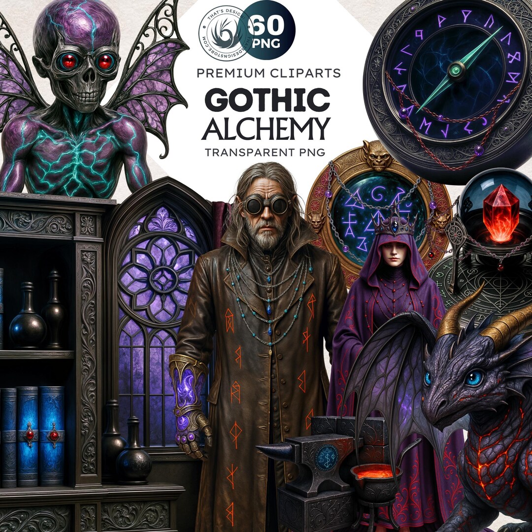 Gothic Alchemy Clipart: 60 PNG Bundle, Dark Fantasy Art (digital ...