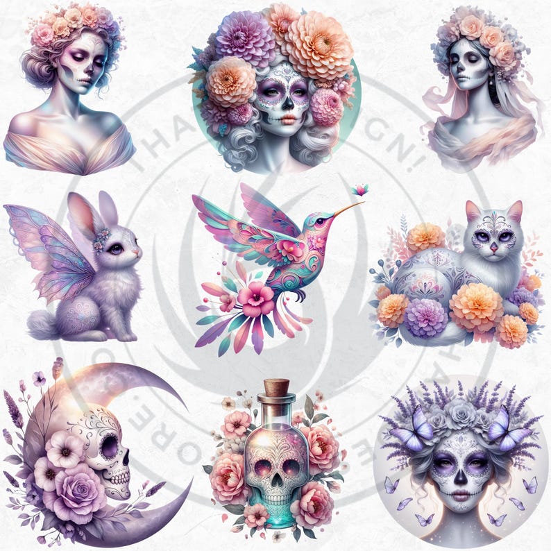 Pastel Day of the Dead Clipart Set, La Catrina, Sugar Skull (PNG) - Etsy