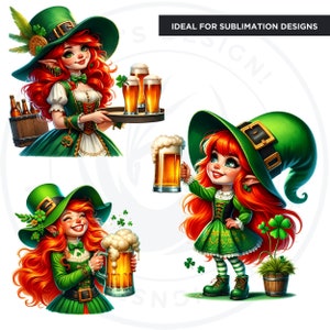 St Patricks Day Gnome Girls Clipart PNG Set, Watercolor Leprechaun Girl ...