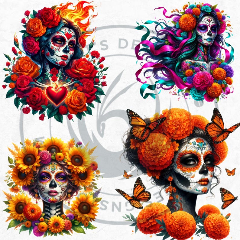 Floral La Catrina PNG Clipart Set, Día De Muertos Designs (32 Files) - Etsy