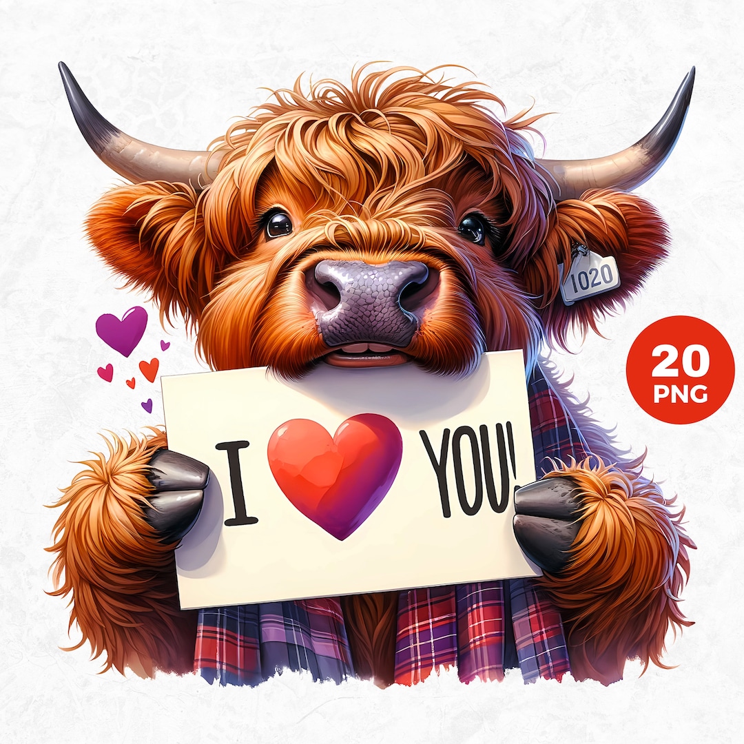 Valentine Highland Cow Clipart, 20 Valentines Day PNG, Valentine ...